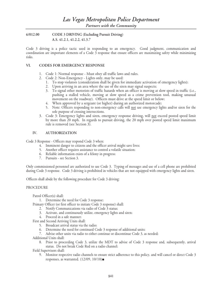 Code 3 Pursuit Policy LVMPD Las Vegas | PDF | Police | Deadly Force