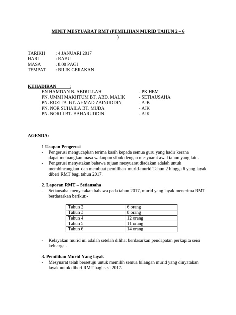 Contoh Minit Mesyuarat RMT | PDF