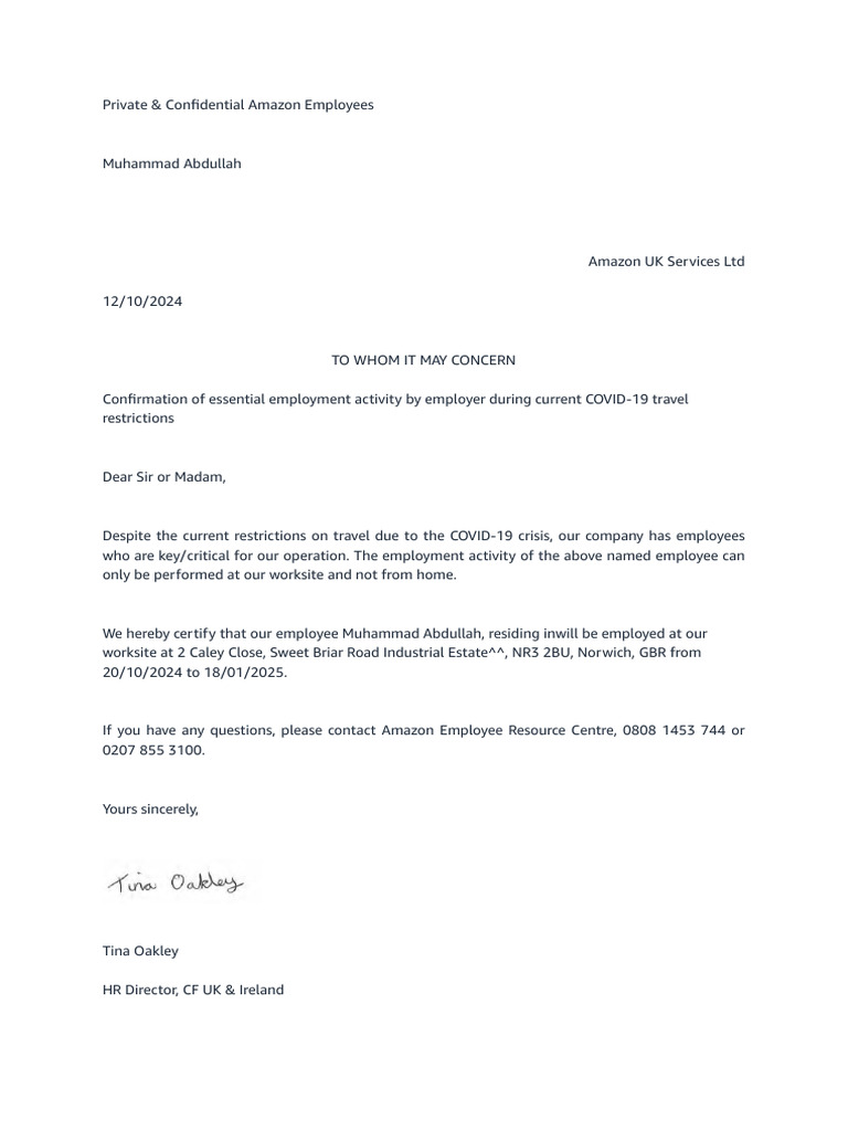 Amazon Employment Reference Letter | PDF