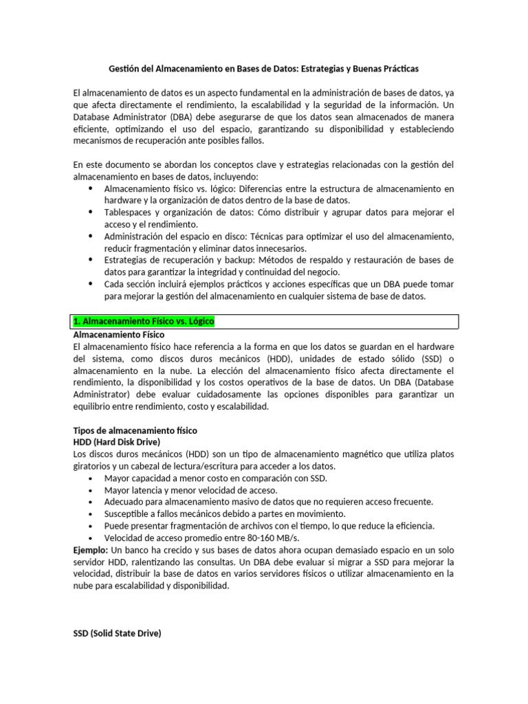 Gestión Del Almacenamiento en Bases de Datos Estrategias y Buenas Prácticas | PDF | Apoyo ...