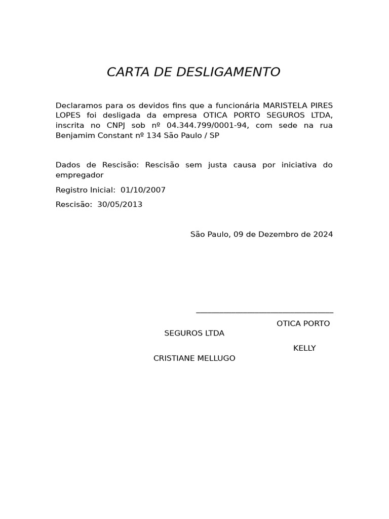 Carta De Desligamento De Funcionária Pdf