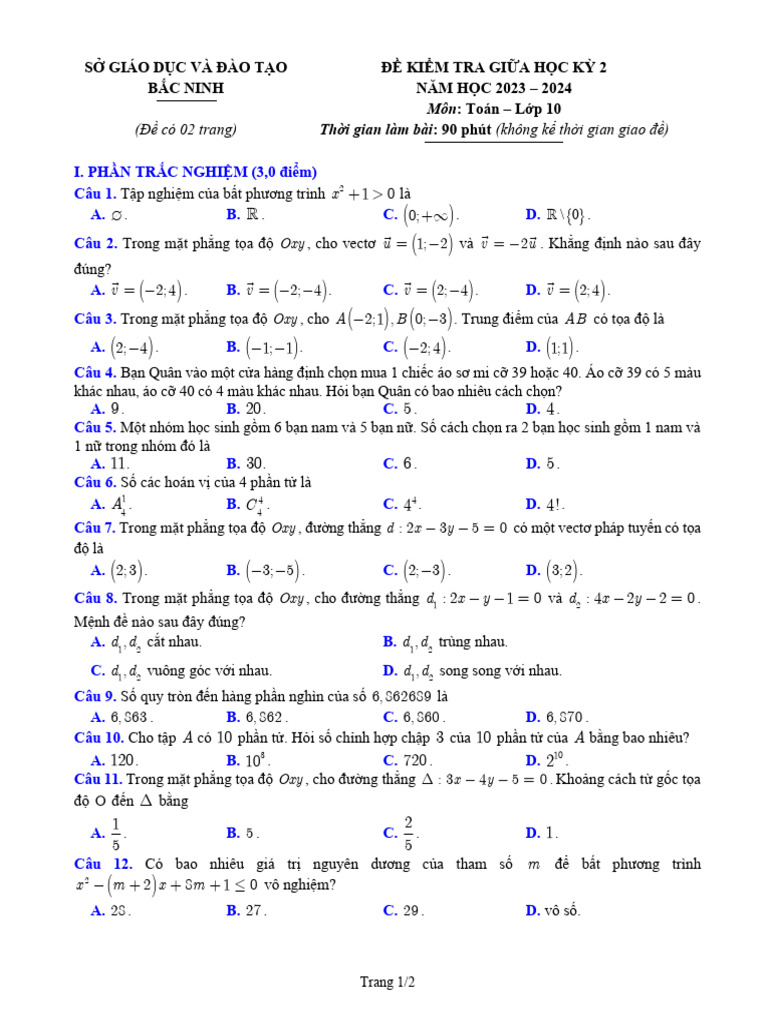 De Kiem Tra Giua Hoc Ky 2 Toan 10 Nam 2023 2024 So GDDT Bac Ninh | PDF
