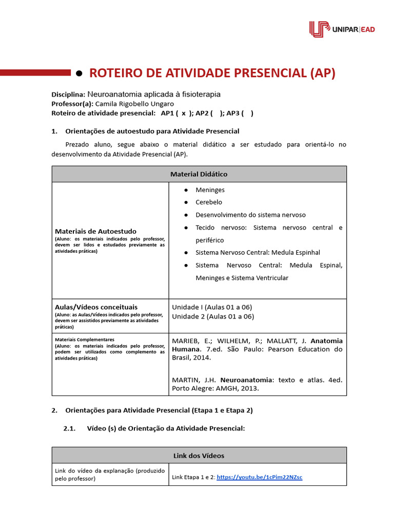 2024 Modelo Roteiro Atividade Presencial-AP1 Aluno | PDF | Sinapse | Neurônio