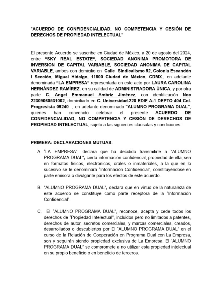 Formato1 Acuerdo de Confidencialidad No Comp y Der de Prop Intelectual - Dual | PDF | Propiedad ...