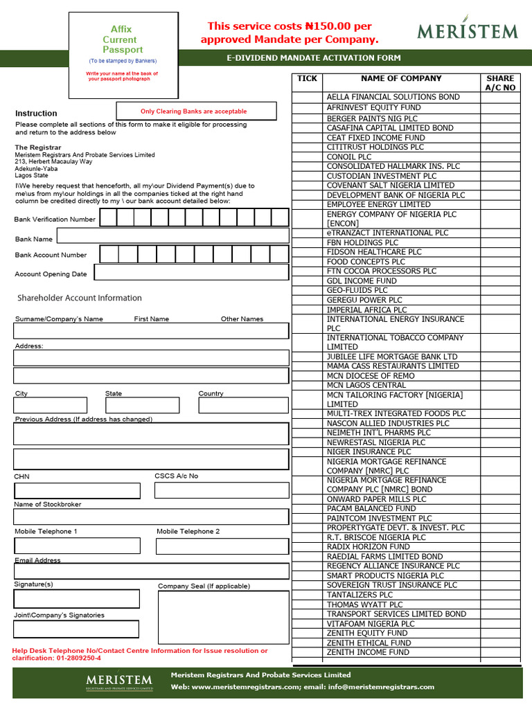 Standardized E-Dividend Mandate Form For Meristem Registrars Probate Services LTD | PDF ...