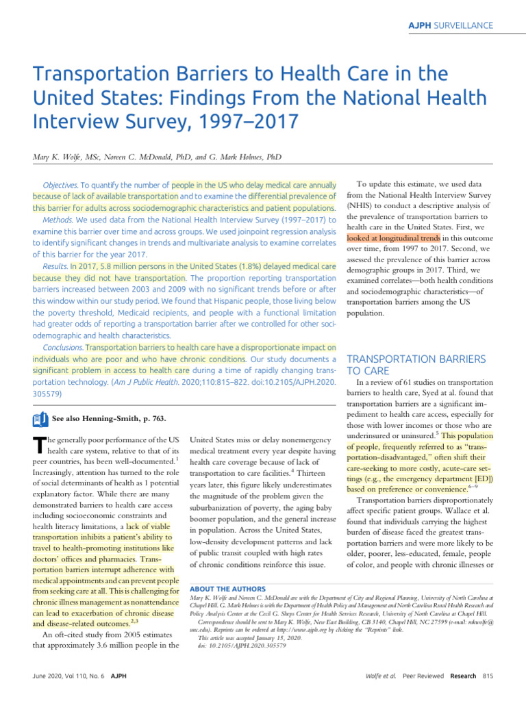 Transportation Barriers To Health Care in The United States: Findings ...