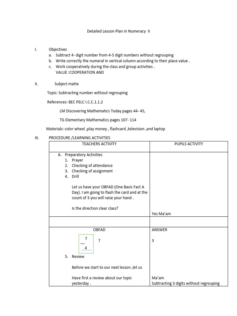 A Detailed Lesson Plan in Mathematics II | PDF | Subtraction | Arithmetic