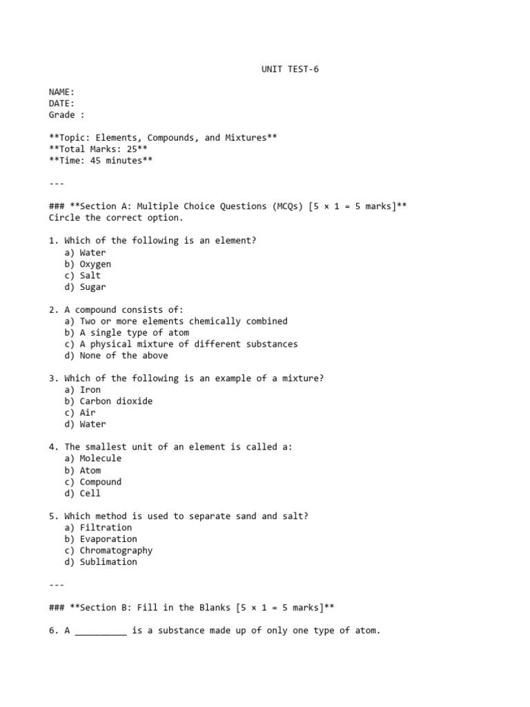 ELEMENTS,COMPONDS AND MIXTURES TEST | PDF | Mixture | Chemical Compounds