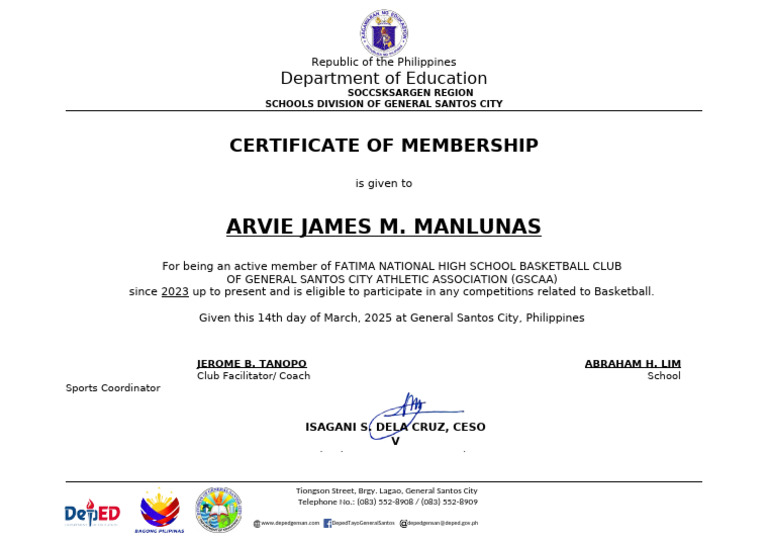 Certificate of Membership for Basketball Club | PDF