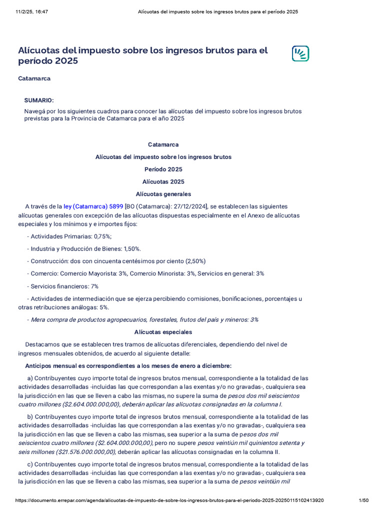 CATAMARCA - Alícuotas Del Impuesto Sobre Los Ingresos Brutos para El Período 2025 | PDF ...