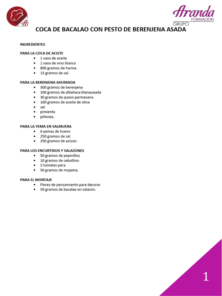 Recetas Cocinero Semana 5 (Coca de Bacalao) | PDF | sal | pesto