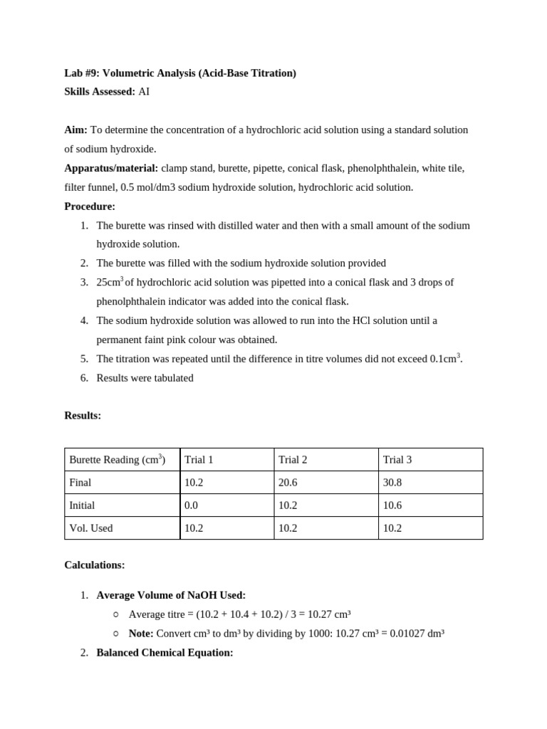 Lab #9_ Volumetric Analysis (Acid-Base Titration) | PDF | Titration ...