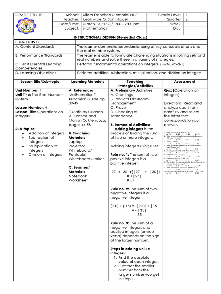 Operations on Integers Remedial Class | PDF | Subtraction | Elementary ...