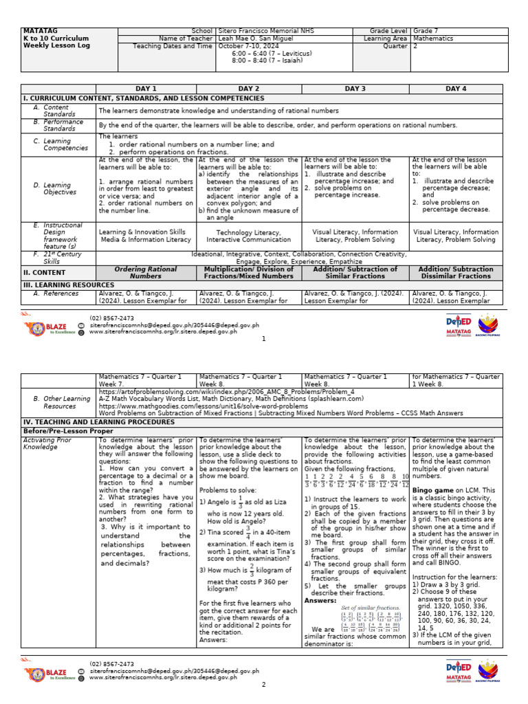 Grade 7 Math Weekly Lesson Plan | PDF | Subtraction | Arithmetic