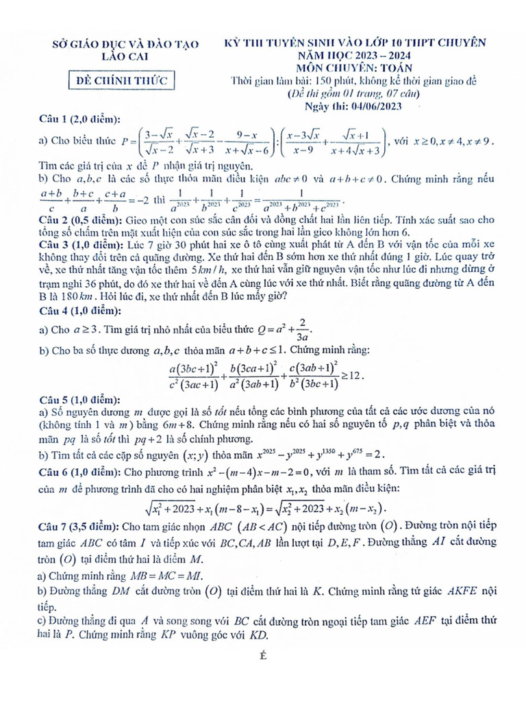 De Tuyen Sinh Lop 10 Chuyen Mon Toan Nam 2023 2024 So GDDT Lao Cai | PDF