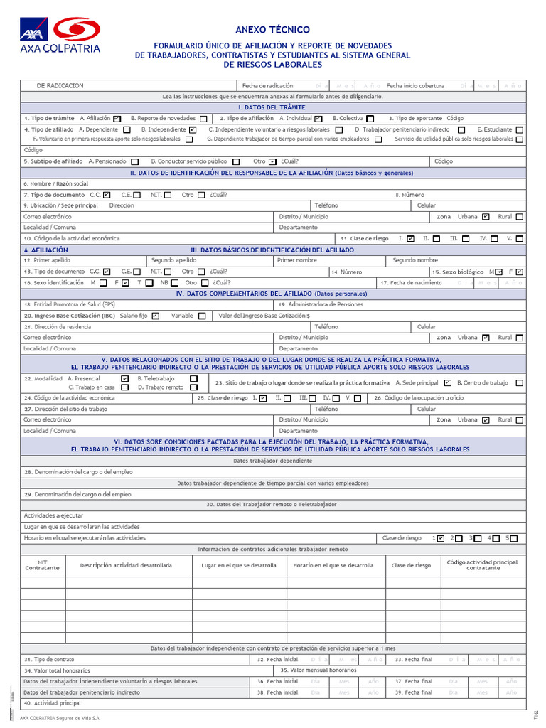 7162 - Formulario Unico de Afiliacion Reporte Novedades de Contratistas y Est ARL-Ley2121 ...