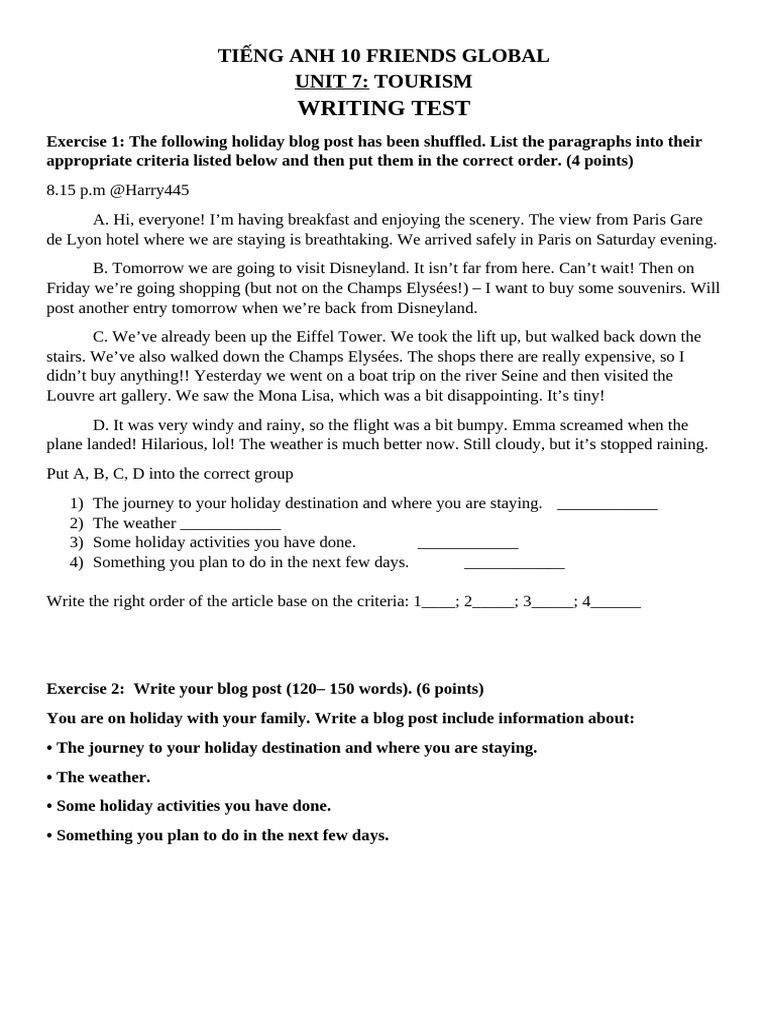 Unit 7 Writing Test: Holiday Blog | PDF