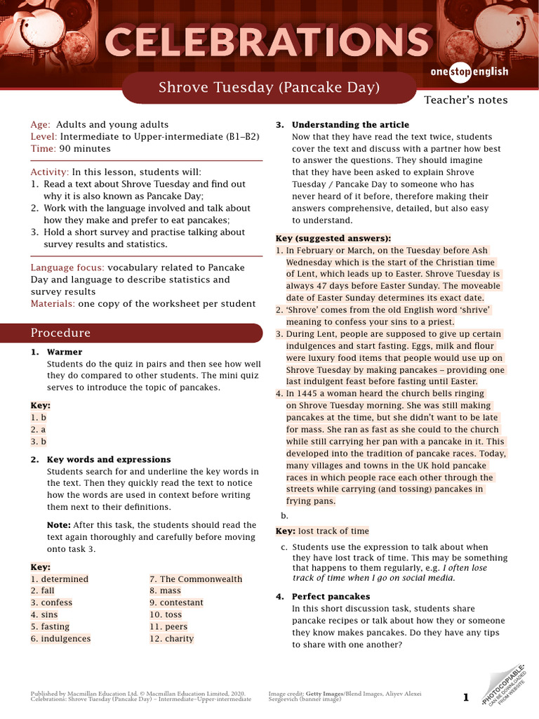Shrove Tuesday Activities for ESL Learners | PDF | Pancake | Cuisine