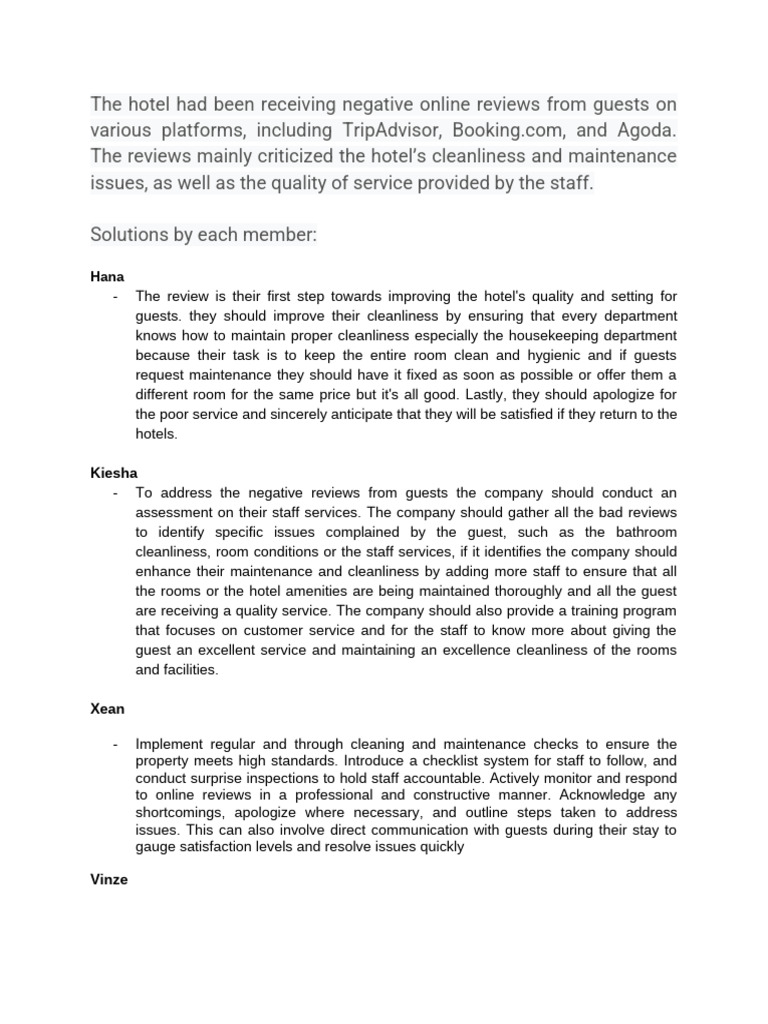 Housekeeping Case Study - Hotel Negative Online Review | PDF ...