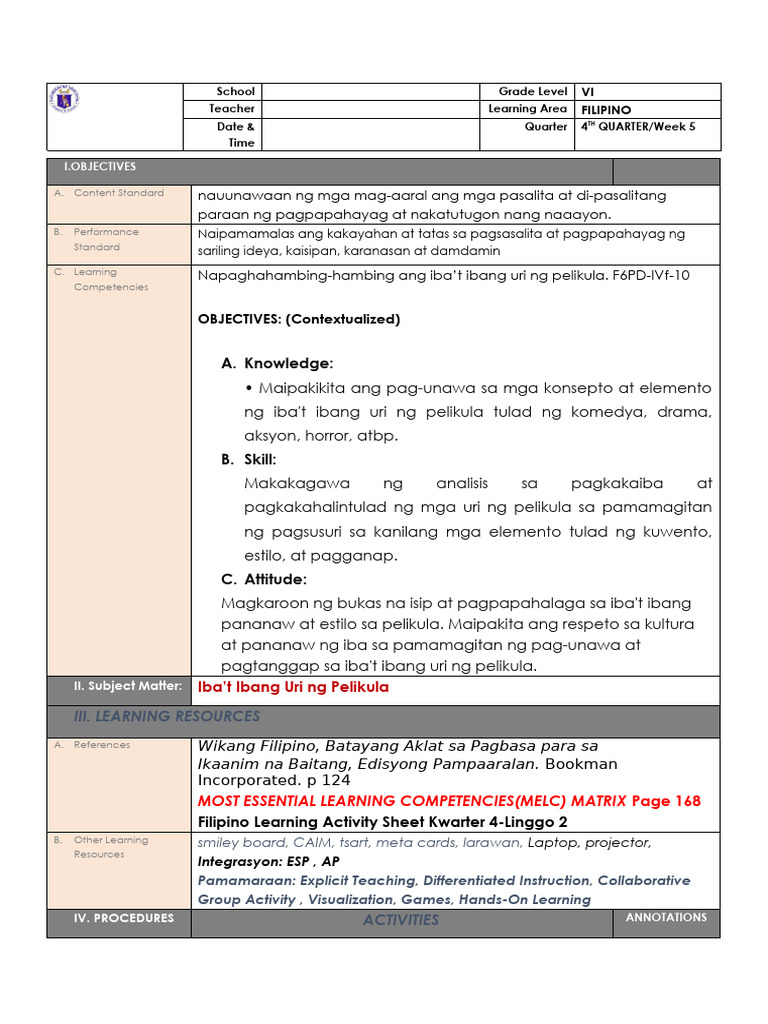 Filipino 6 q4 w5 Pelikula | PDF