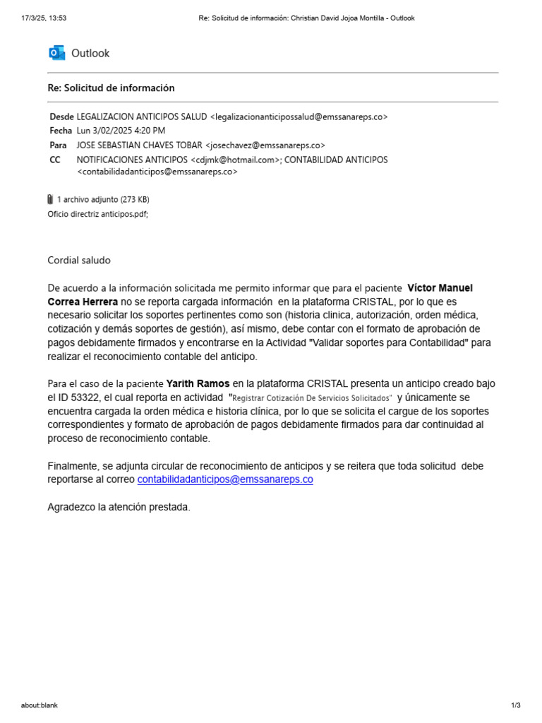 Re - Solicitud de Información - Christian David Jojoa Montilla - Outlook | PDF | Enfermedades y ...