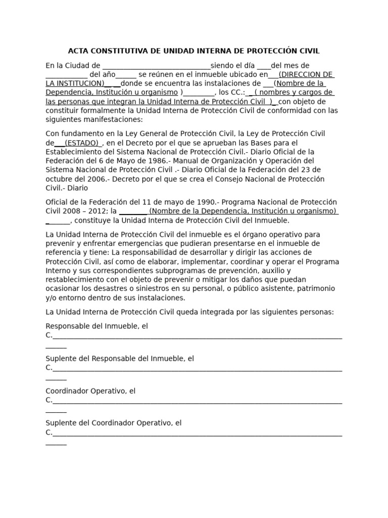 Acta Constitutiva de Unidad Interna de Protección Civil | PDF | Defensa Civil | Gobierno