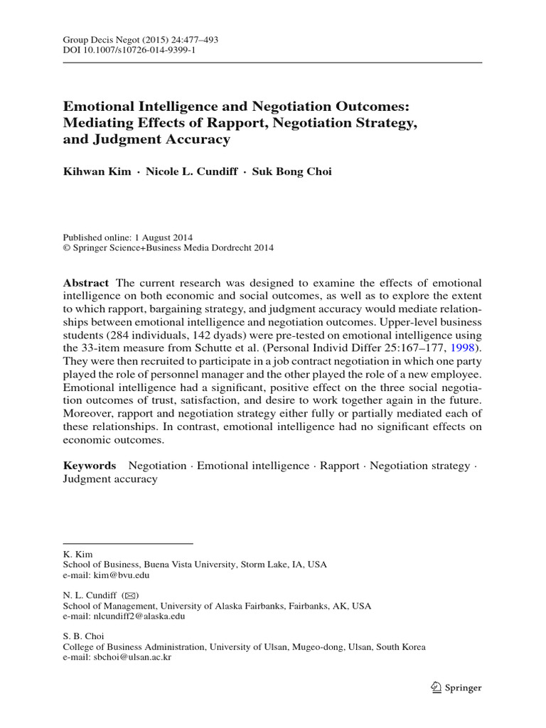Emotional Intelligence and Negotiation Outcomes | PDF | Negotiation | Emotions