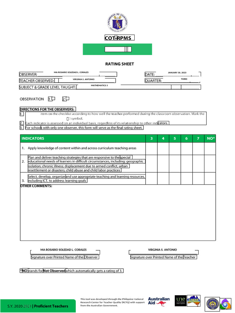 COT RPMS Rating Sheet For T I III For SY 2020 2021 in The Time of COVID ...