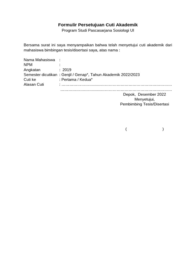 Formulir Cuti Akademik Pascasarjana UI | PDF