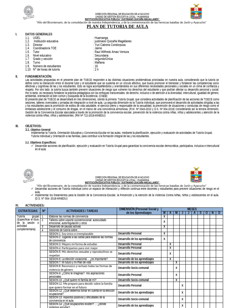 Plan Tutorial de Aula 2do 2024 | PDF | Desarrollo personal | Salón de clases