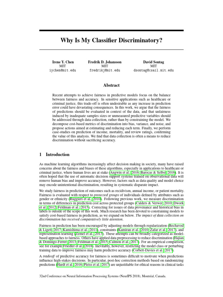NeurIPS 2018 Why Is My Classifier Discriminatory Paper | PDF | Variance | Sampling (Statistics)