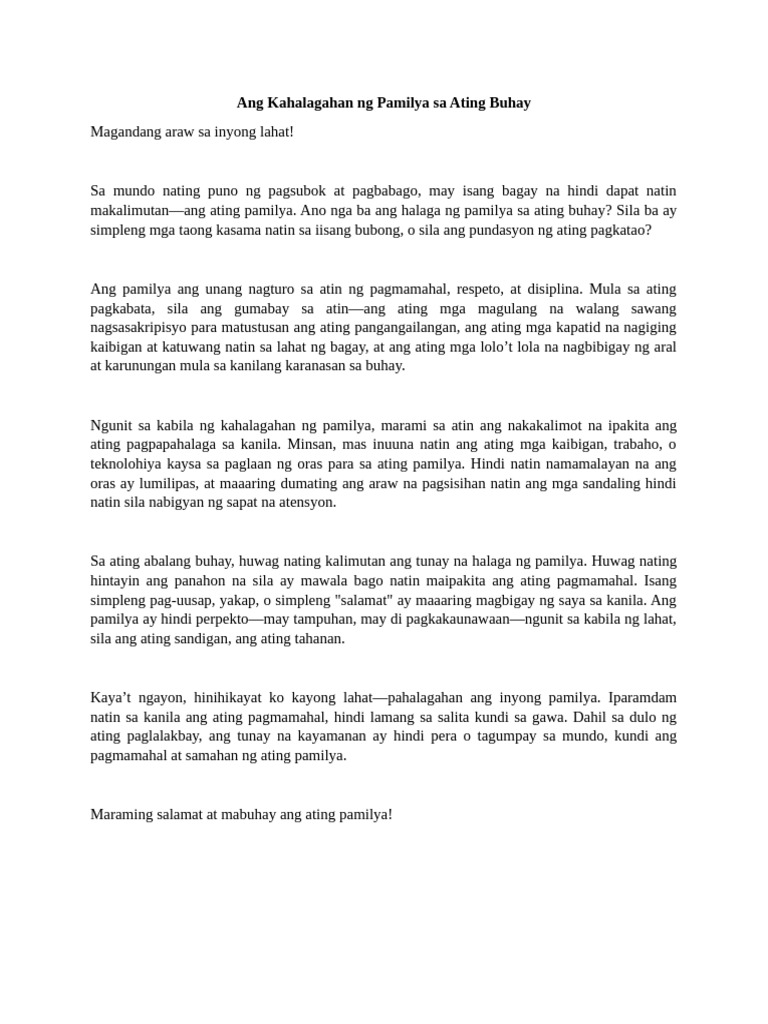 Ang Kahalagahan NG Pamilya Sa Ating Buhay | PDF