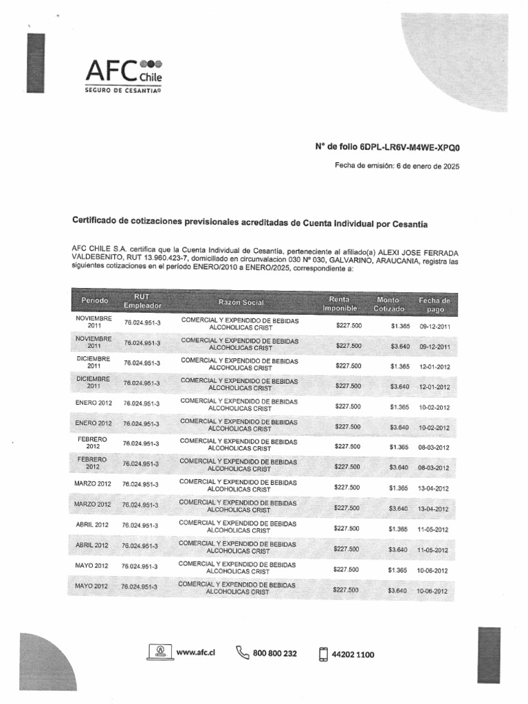 Certificado Cotizaciones Afc Alexi | PDF