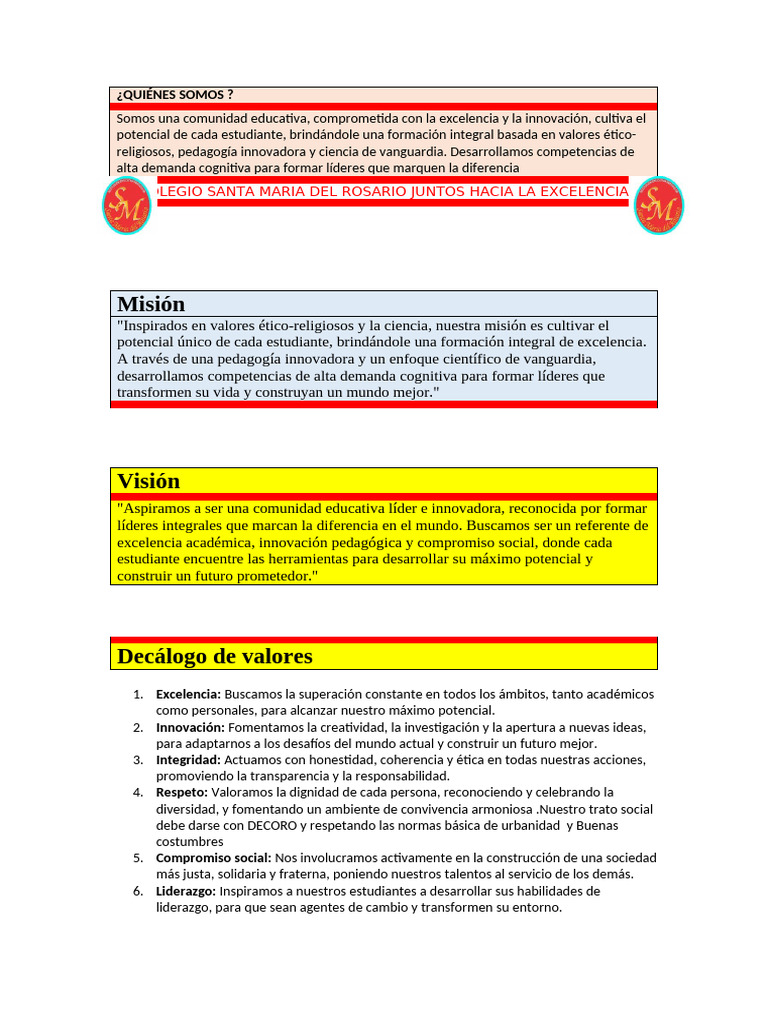 Mision y Bvisión de SANTA MARIA DEL ROARIO 2025 | PDF | Enseñando ...