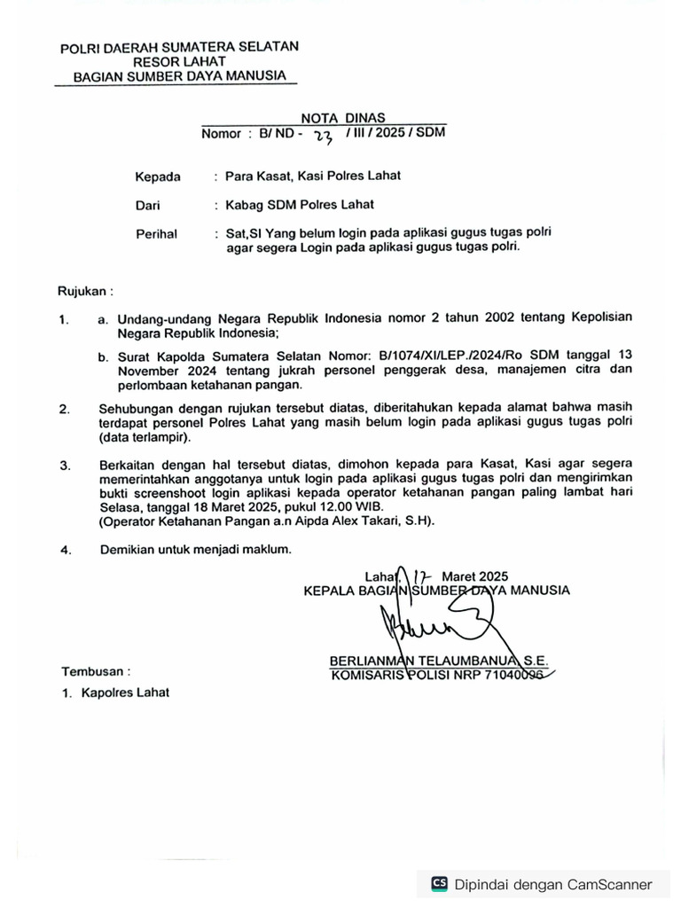 Nota Dinas Data Pers Belum Login Aplikasii Gugus Tugas Polri | PDF