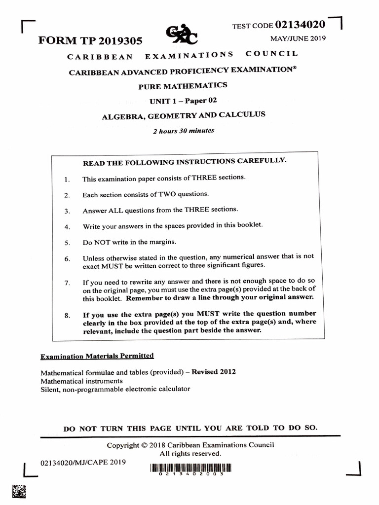 Pure Mathematics Unit 1 P2 2019 | PDF