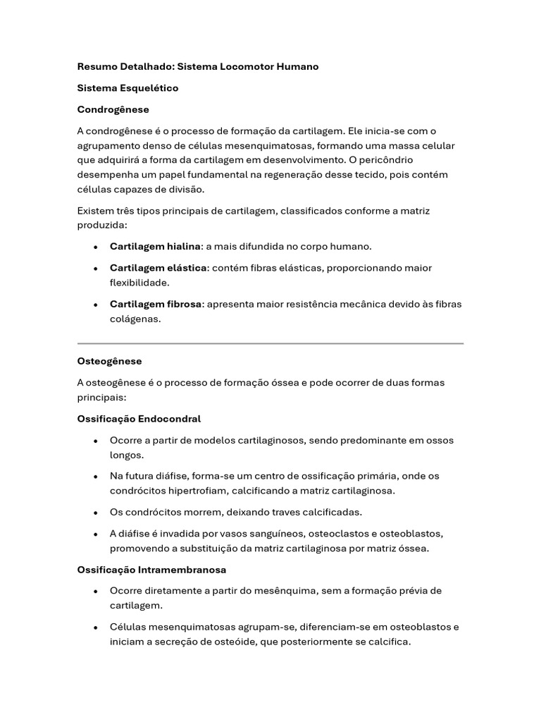 Resumo Detalhado Sistema Esquelético Embrio | PDF | Osso | Cartilagem
