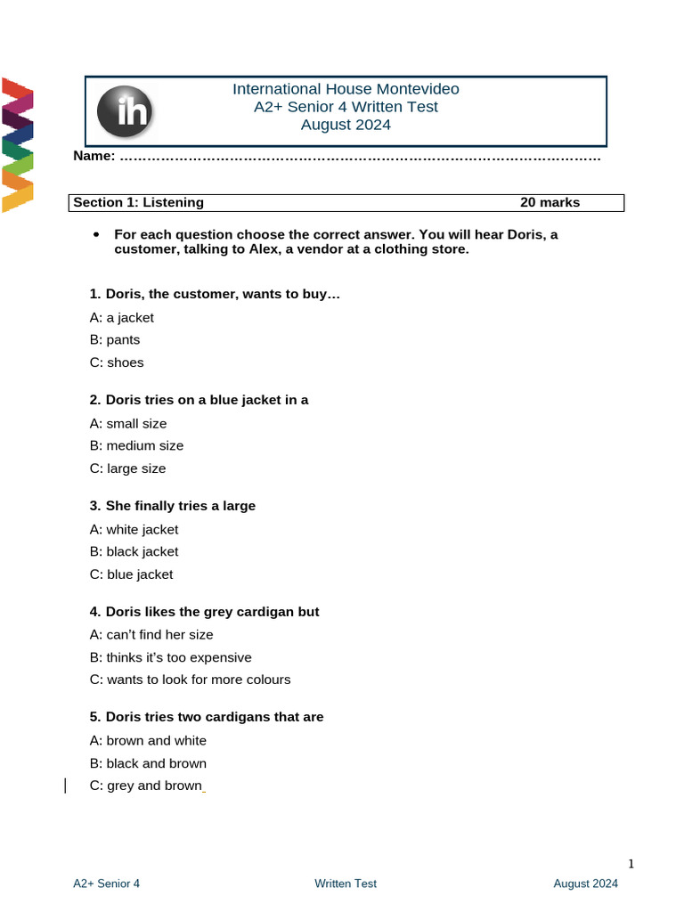 A2+ Senior 4 English Test August 2024 | PDF | Carnival