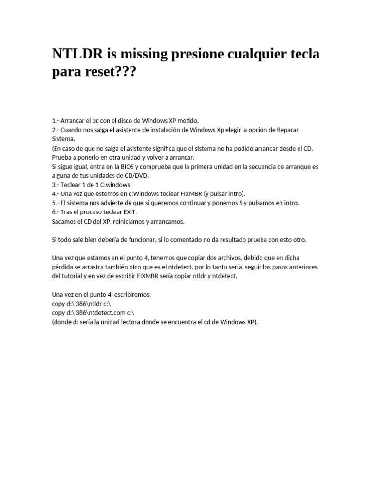 Como Reparar NTLDR Is Missing Presione Cualquier Tecla para Reset | PDF