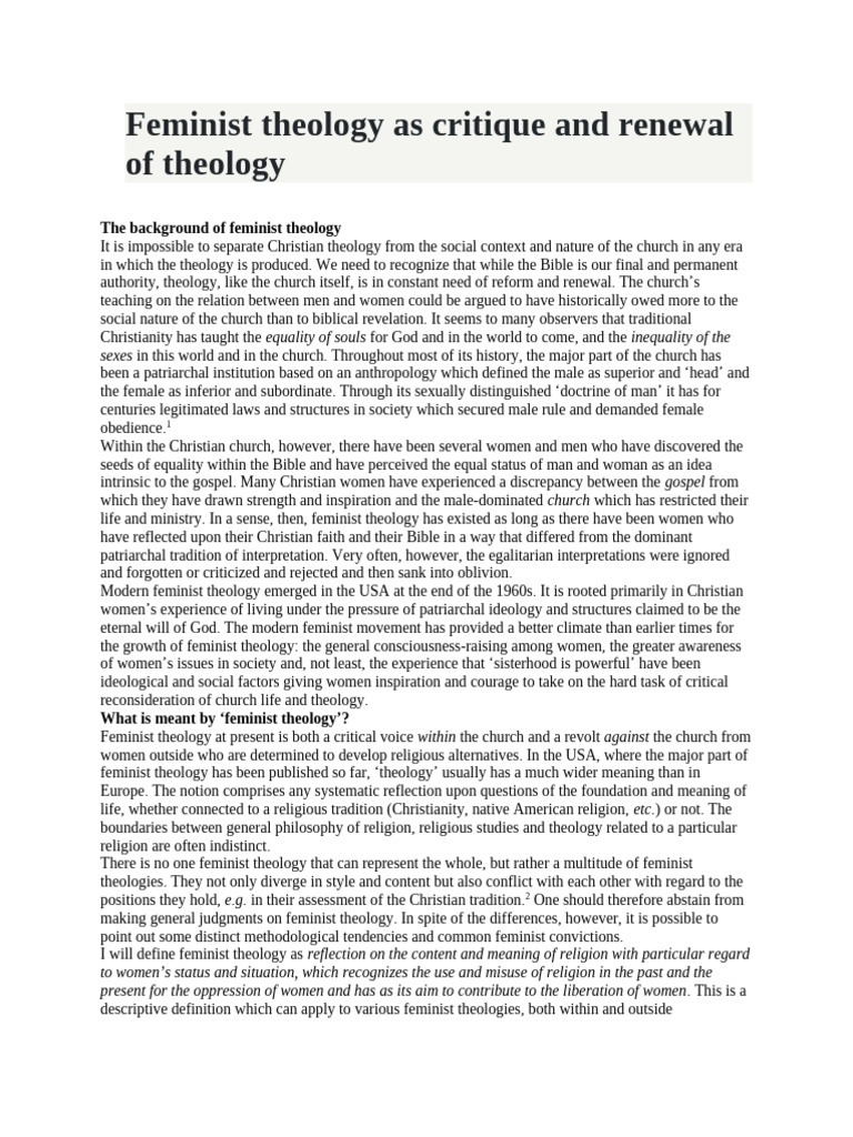 Feminist theology as critique and renewal of theology | PDF | Feminism ...