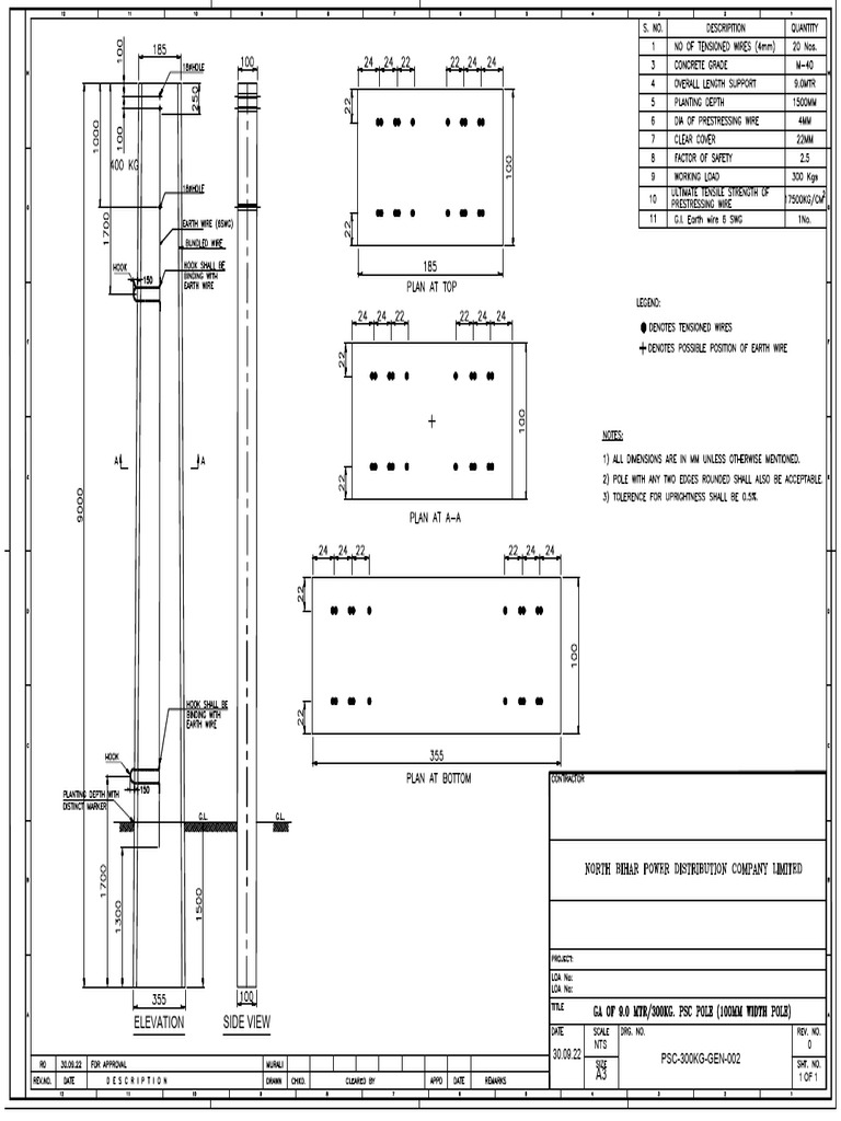 9M 300KG Working Load PSC Pole Model Drawing | PDF