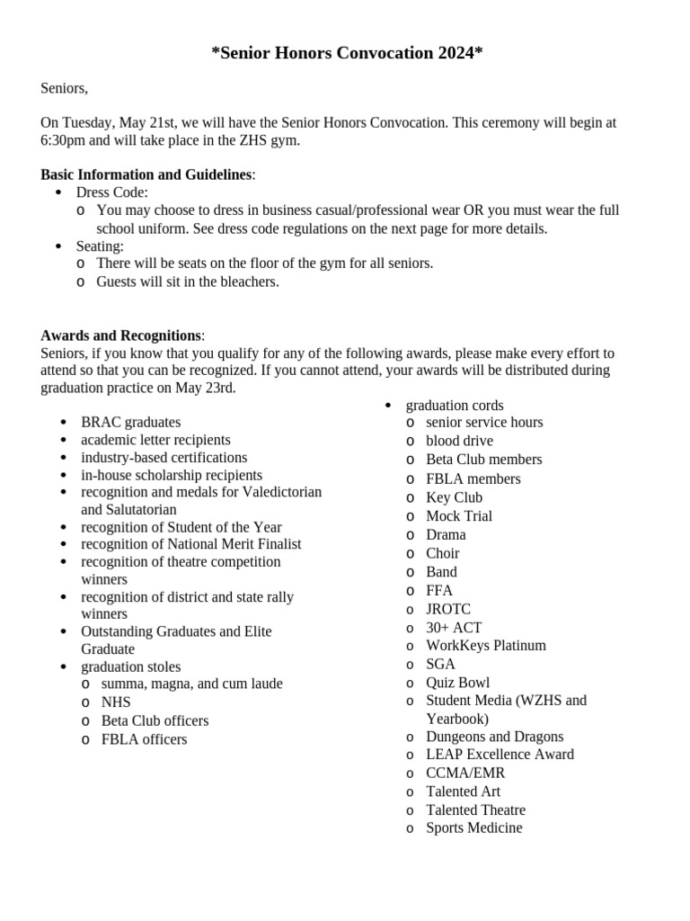 Senior Honors Convocation 2024 Info Handout 2 | PDF | Trousers | Clothing