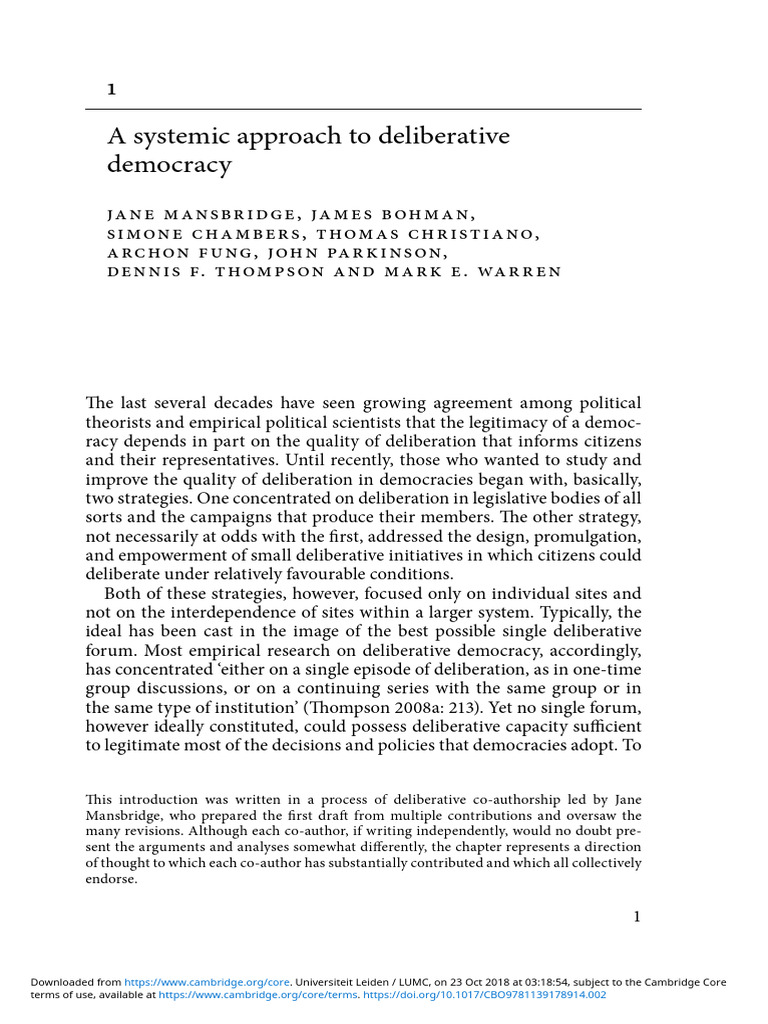 MANSBRIDGE, Jane, Et Al. A Systemic Approach To Deliberative Democracy | PDF | Deliberation | System
