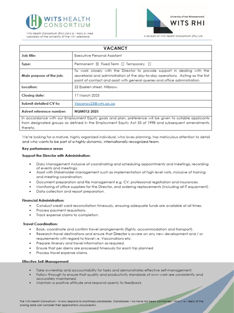 25979_Vacancy Advert - Executive Personal Assistant (Research Team) - Wits RHI - Mar 2025 | PDF ...