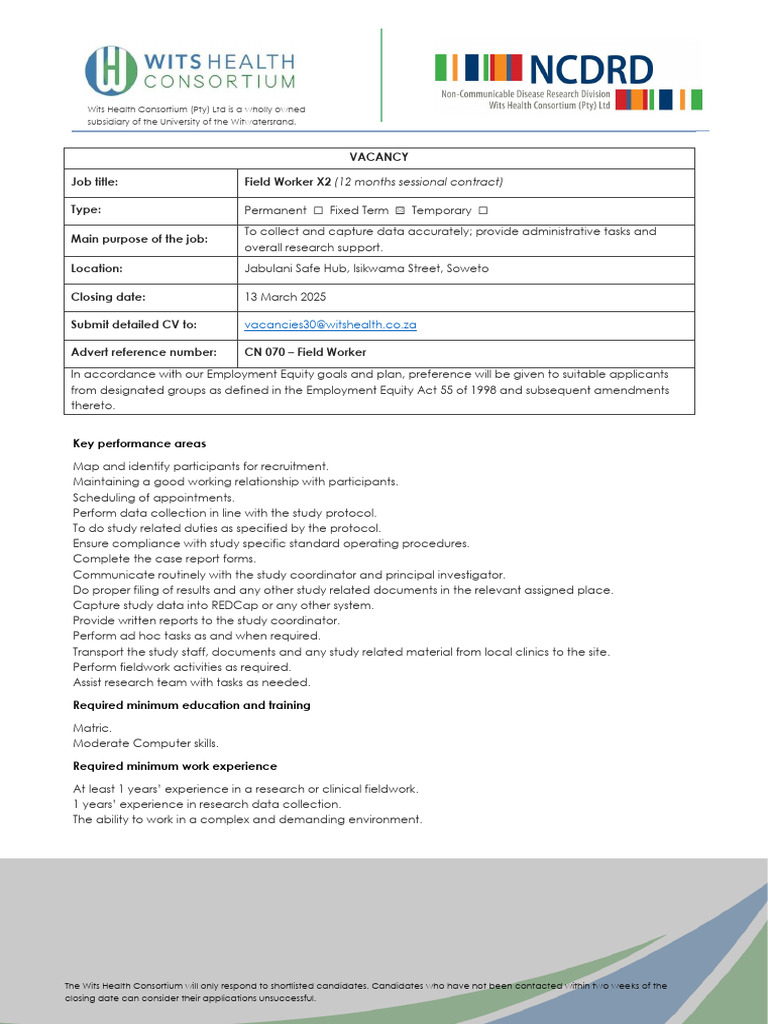 Field Worker Vacancy at Wits Health Consortium | PDF | Employment ...