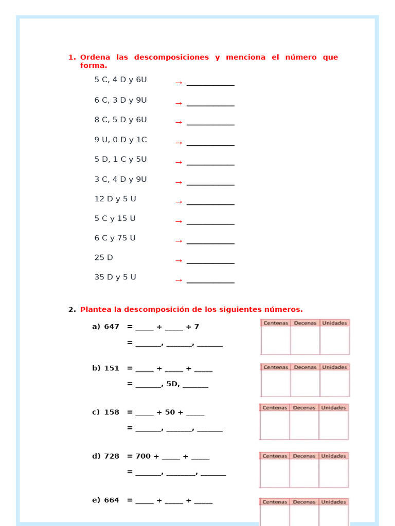 Descomposición de Números hasta 800 | PDF