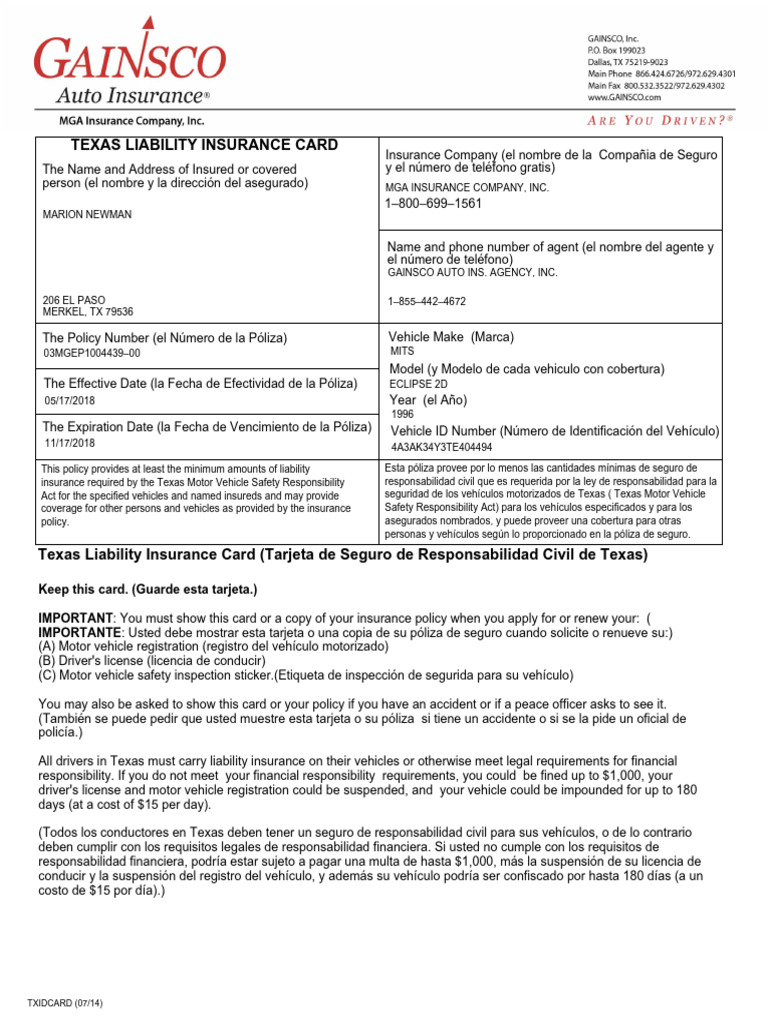 Tarjeta de Seguro de Responsabilidad Texas | PDF | La seguridad | Vehículos