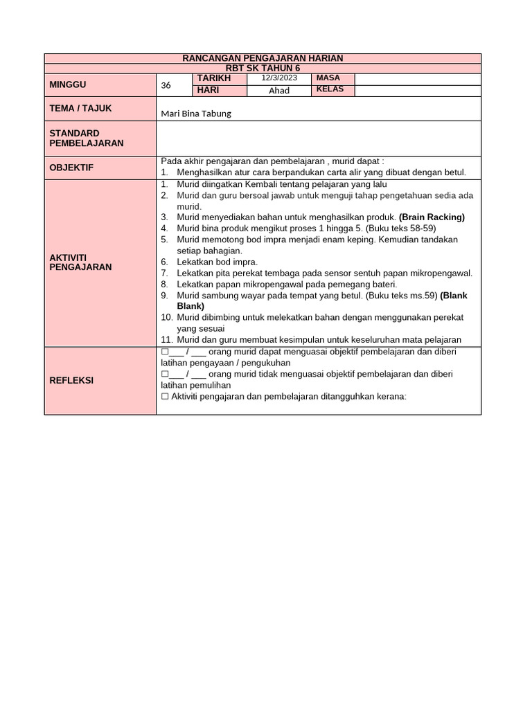 RPH RINGKAS MINGGU 36 RBT THN 6 2023 | PDF