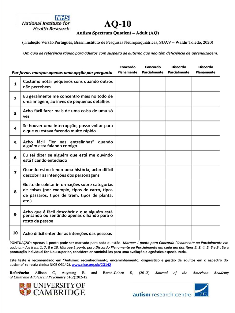 Teste AQ-10 para Adultos com Autismo | PDF