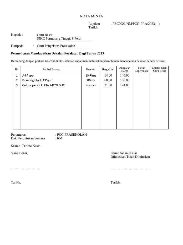 Nota Minta PCG 2023 | PDF
